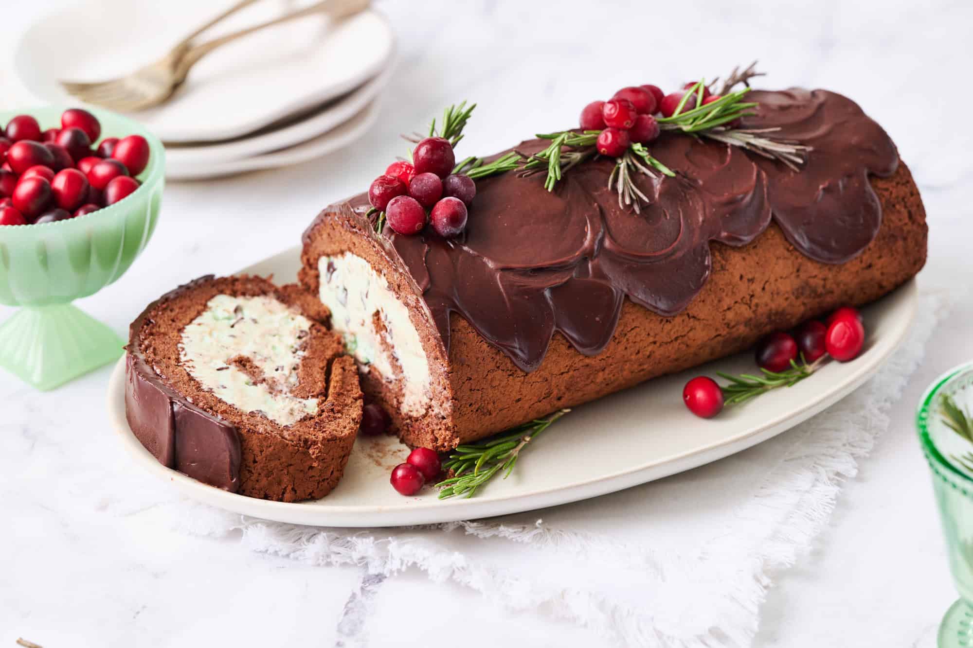 Ice Cream Yule Log Cake with Chocolate Ganache